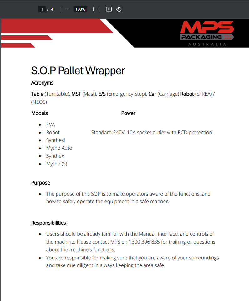 Pallet wrapper safe operating procedure – MPS Packaging Australia